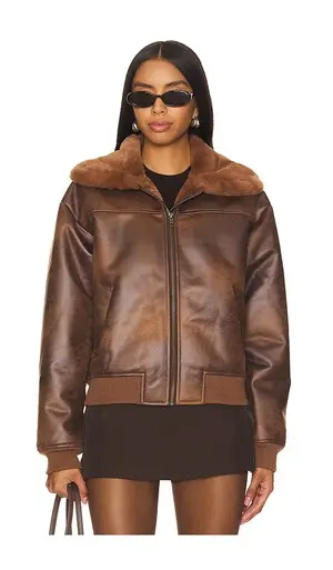 Tularosa Tanya Faux Leather Bomber Jacket With Faux Fur Collar - Brown