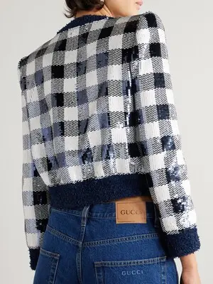 Balmain Cropped Embellished Checked Tweed Jacket