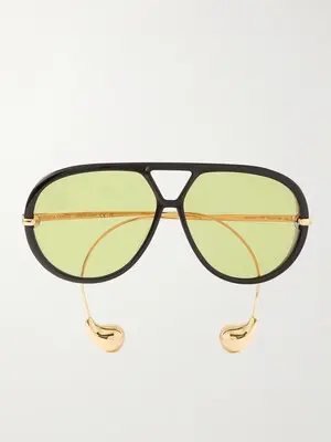 Bottega Veneta Embellished Aviator-style Recycled-acetate And Gold-tone Sunglasses - Black