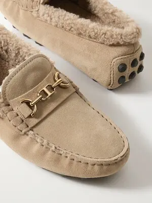 TOD'S Gommino Macro Embellished Shearling-trimmed Suede Loafers
