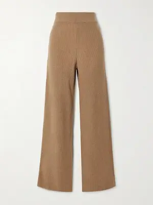 Le Kasha Ribbed Organic Cashmere Wide-leg Pants - Brown
