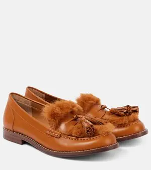 Clergerie Rita Leather Loafers With Tassel And Fur Trim - Brown