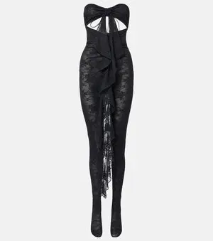 Oseree Ruffled Cut-out Lace Catsuit - Black