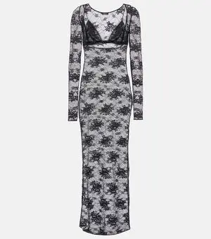 Oseree Lace Maxi Dress - Black