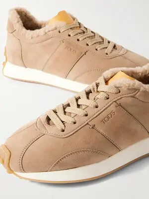 TOD'S Sportivo Active Embroidered Shearling-trimmed Suede Sneakers