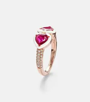 KAMYEN 18kt Rose Gold Ring With Heart-shaped Rubies And Pavé Diamonds