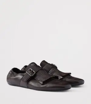 Prada Calf Leather Fringed Monk Strap Shoes - Brown