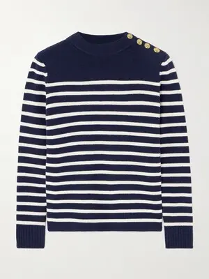 Chloé Striped Wool And Cashmere-blend Sweater With Button Detail - Blue