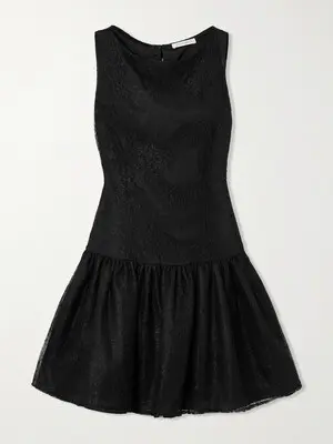 Nina Ricci Gathered Chantilly Lace Mini Dress With Velvet Bows