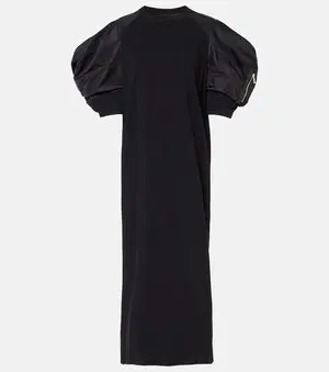Sacai Puff-sleeve Cotton-blend Jersey Midi Dress - Black