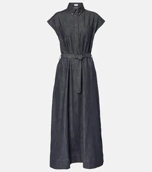 Brunello Cucinelli Belted Denim Maxi Shirt Dress - Blue