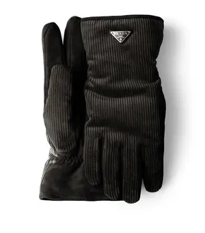 Prada Corduroy And Suede Gloves With Logo - Black