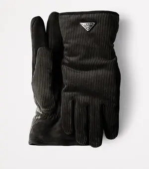 Prada Corduroy And Suede Logo Gloves - Black