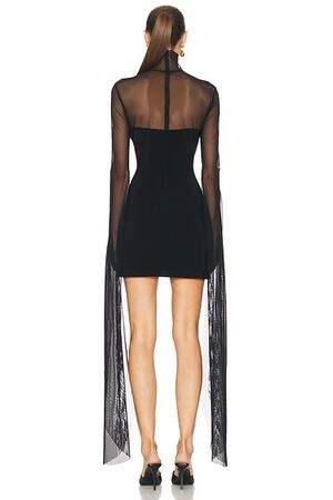 Norma Kamali Ribbon Sleeve Turtleneck Mesh Mini Dress