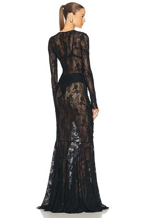 Norma Kamali Long Sleeve V Neck Shirred Front Fishtail Gown