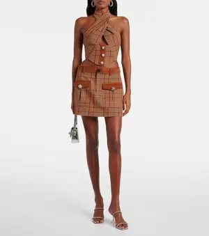 AREA Checked Wool-blend Miniskirt - Brown