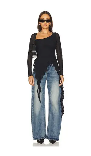 AFRM Doris Asymmetric Ruffle Mesh Top - Black