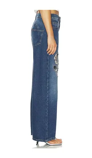 AREA Crystal Chain Cutout Relaxed Leg Jeans - Blue