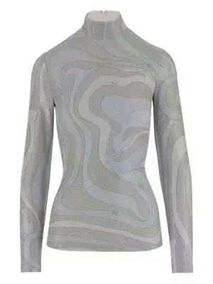 Emilio Pucci High Neck Long Sleeve Metallic Jersey Top - Grey
