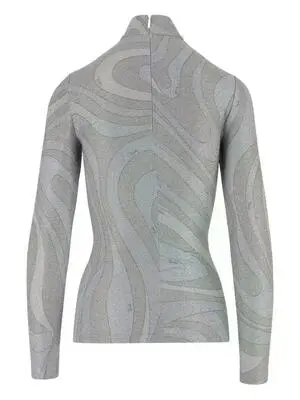 Emilio Pucci High Neck Long Sleeve Metallic Jersey Top - Grey