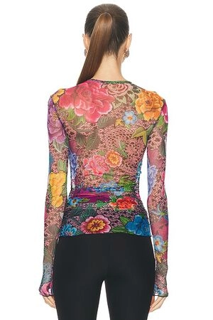 AREA Crystal Embellished Printed Tulle Long Sleeve Top
