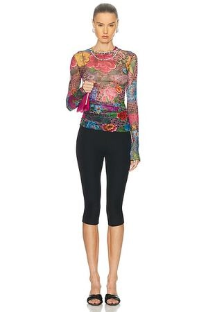 AREA Crystal Embellished Printed Tulle Long Sleeve Top