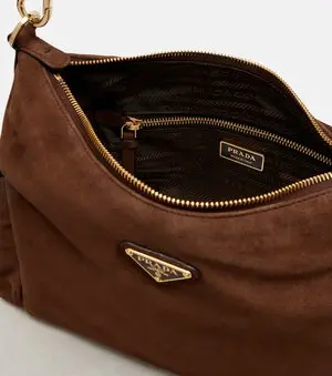 Prada Large Suede Shoulder Bag - Brown