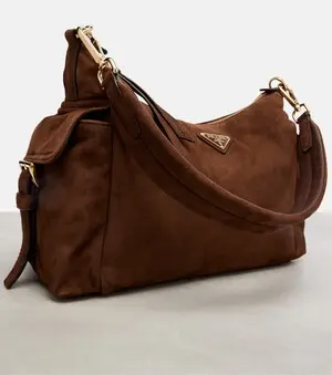 Prada Large Suede Shoulder Bag - Brown
