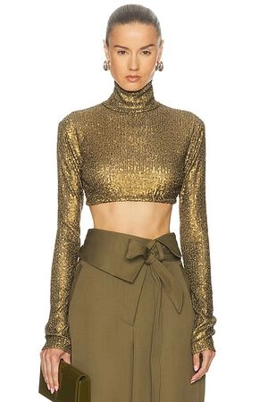 Norma Kamali Long Sleeve Sequined Turtleneck Cropped Top - Bark