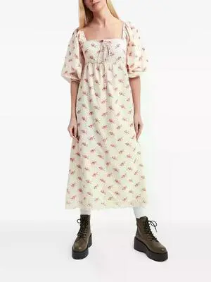 NOTES DU NORD Floral Print Puff Sleeve Midi Dress - Neutrals