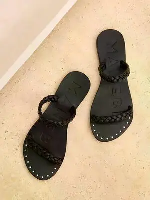 Manebí Braided Leather Flat Sandals - Black