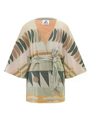 PEARL & CAVIAR Geometric Print Belted Coat - Neutrals