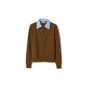 Miu Miu Cashmere Cardigan With Detachable Cotton Collar - Tobacco/celeste