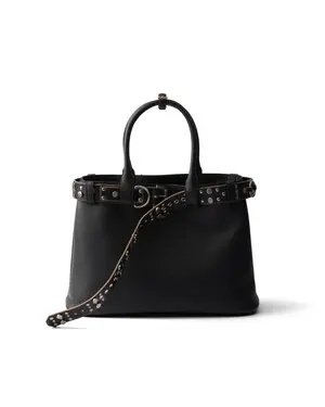Prada Large Studded Belt Leather Tote Bag - Black
