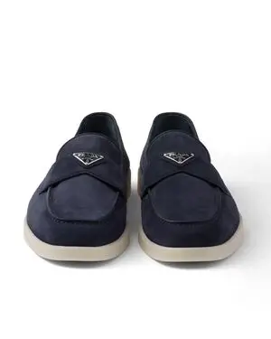 Prada Suede Loafers With Enameled Triangle Logo - Navy