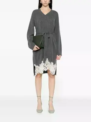 Fabiana Filippi Lace-trimmed Wool Blend V-neck Dress - Grey