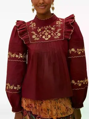 Farm Rio Embroidered Ruffled High Neck Blouse
