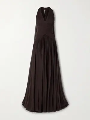 Elie Saab Cape-effect Gathered Silk-georgette Gown - Brown