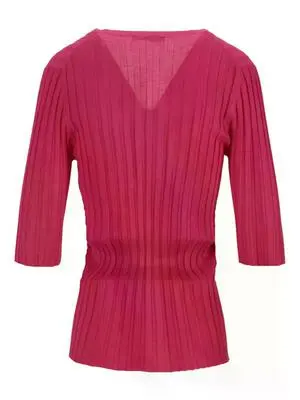 LA ROSE V-neck Ribbed Knit Top - Pink