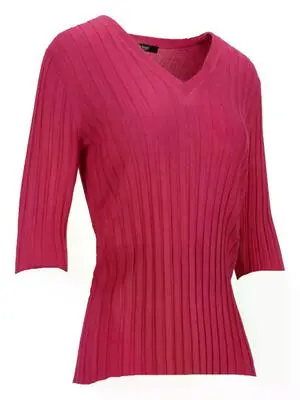 LA ROSE V-neck Ribbed Knit Top - Pink