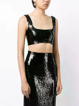 Galvan Embellished Sequin Crop Top - Black