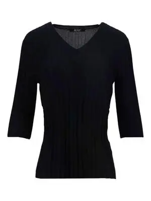 LA ROSE V-neck Ribbed Knit Top - Blue