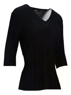 LA ROSE V-neck Ribbed Knit Top - Blue