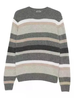 FERRANTE Striped Round Neck Long Sleeve Sweater - Grey