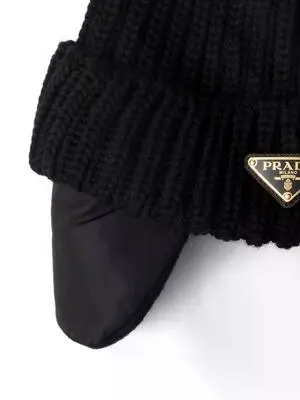 Prada Knitted Beanie Hat With Enameled Triangle Logo And Ear Flaps