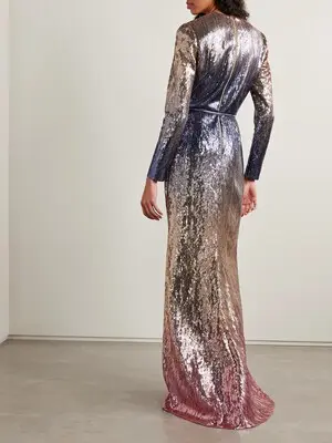 Elie Saab Belted Ombré Sequined Tulle Gown