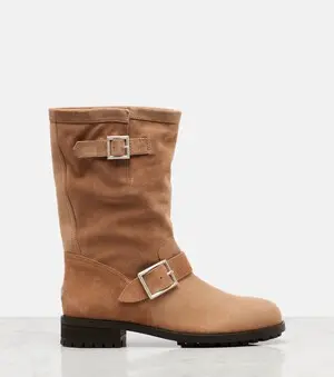 JIMMY CHOO Biker Suede Mid-calf Boots - Beige
