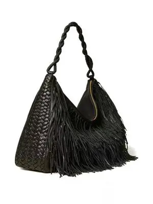 TWINSET Liliane Fringed Woven Shoulder Bag - Black
