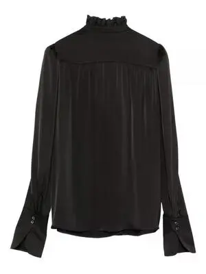 DRHOPE Black Ruffled Neck Button Fastening Long Sleeve Shirt