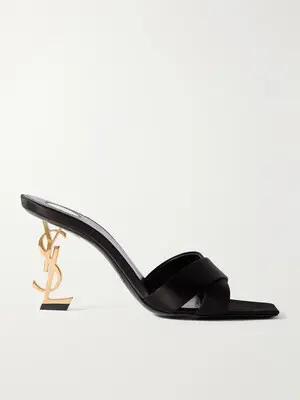 Saint Laurent Opyum Satin Mules With Emblem Heel - Black